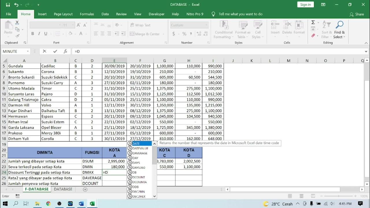 Database Pada Excel Dsum Dmin Dmax Daverage Dcount Dstdev Youtube