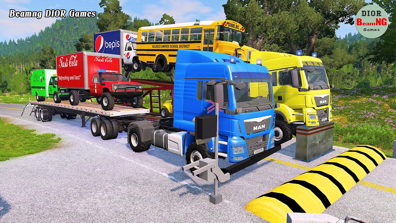 Double Flatbed Trailer Truck vs speed bumps|Busses vs speed bumps ...