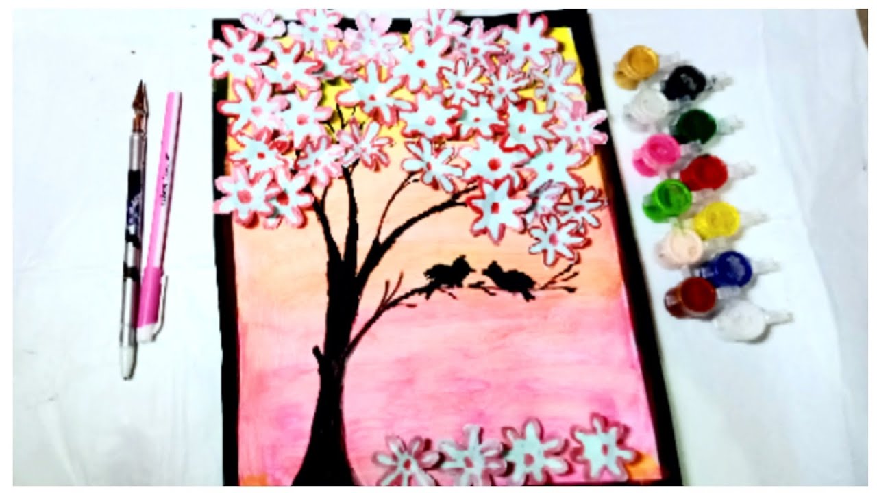 How make to beautiful tree with paper cutting/easy cut flower/penting ...
