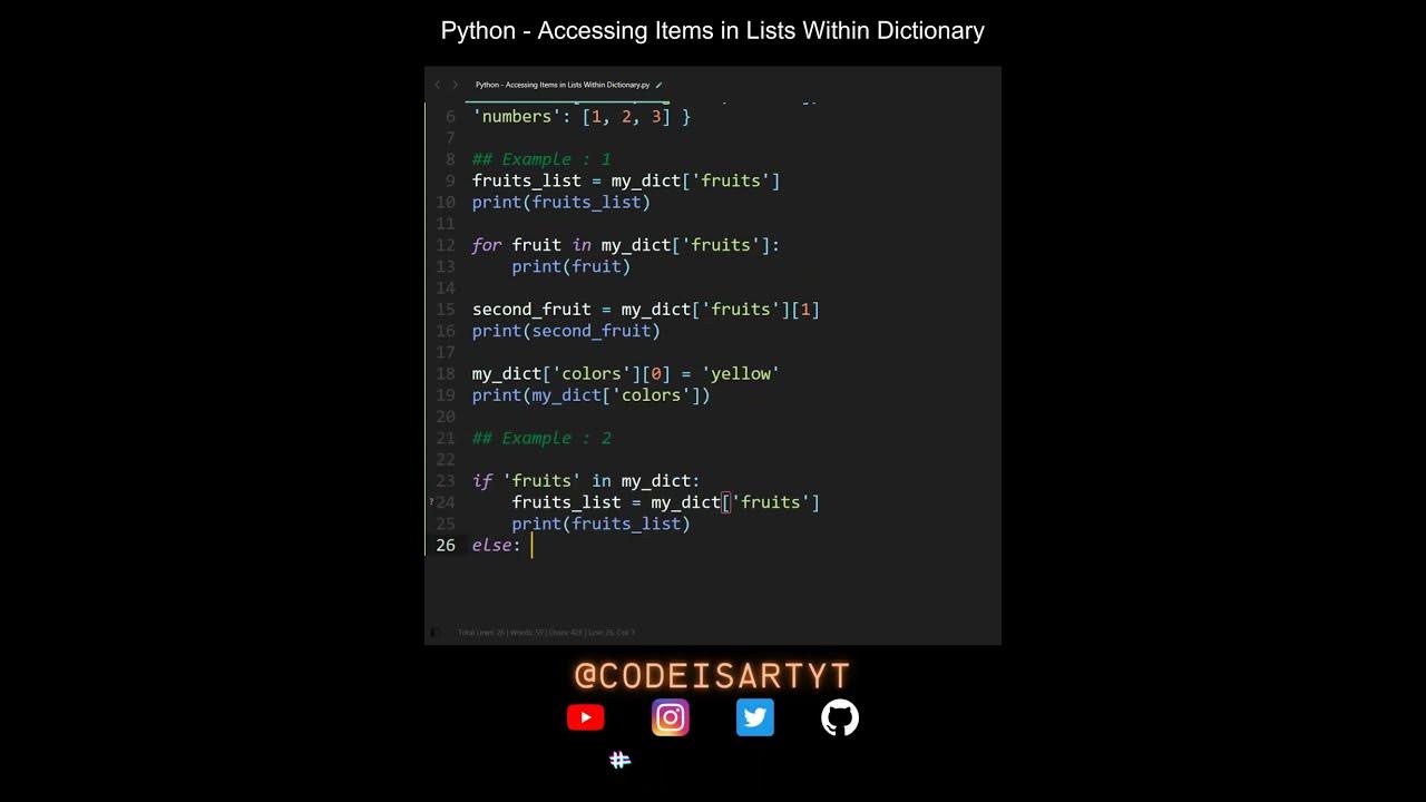 Accessing Items In Lists Within Dictionary In Python Python Examples Python Coding Tutorial