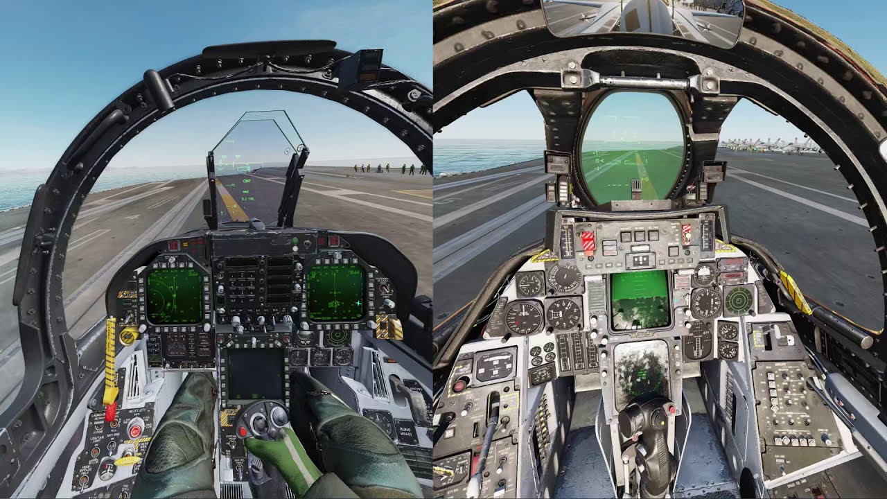 DCS F18 vs F14 VR carrier landing split screen - YouTube