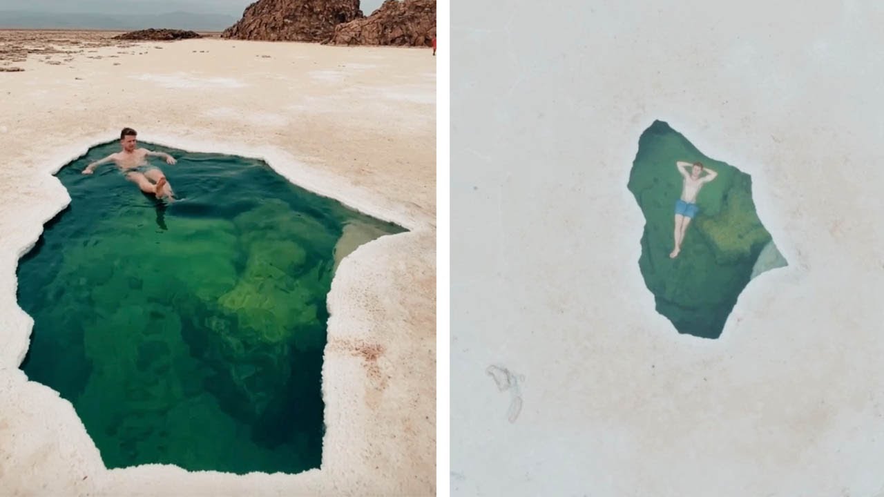 Adventurer Swims In Stunning Natural Pool In Salt Desert - YouTube