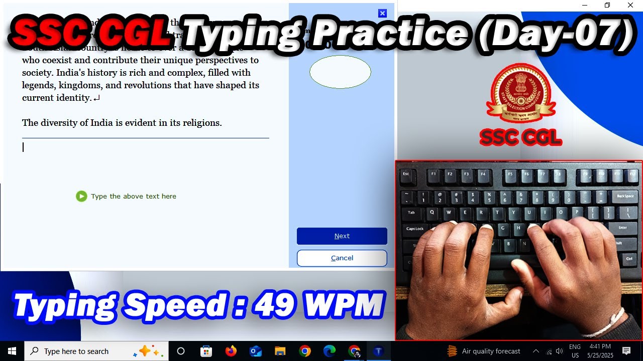 SSC CGL Typing Practice Day 07 | 49 WPM with 97% Accuracy #typingmaster ...