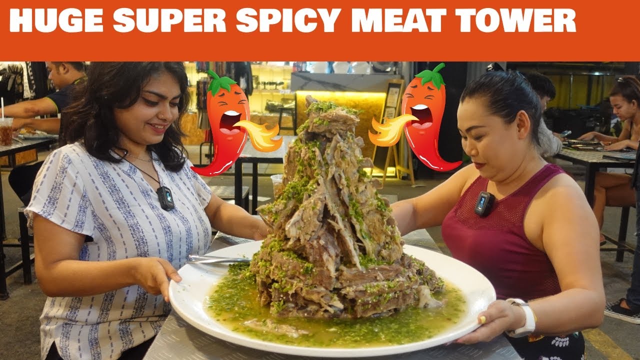 HUGE SUPER SPICY MEAT TOWER | Thai Street food in night market #bangkok ...