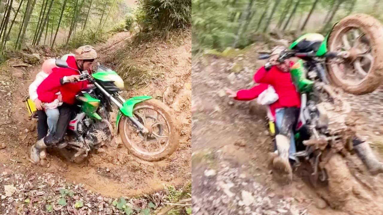 The two beauties were too heavy and the motorcycle flipped over! - YouTube