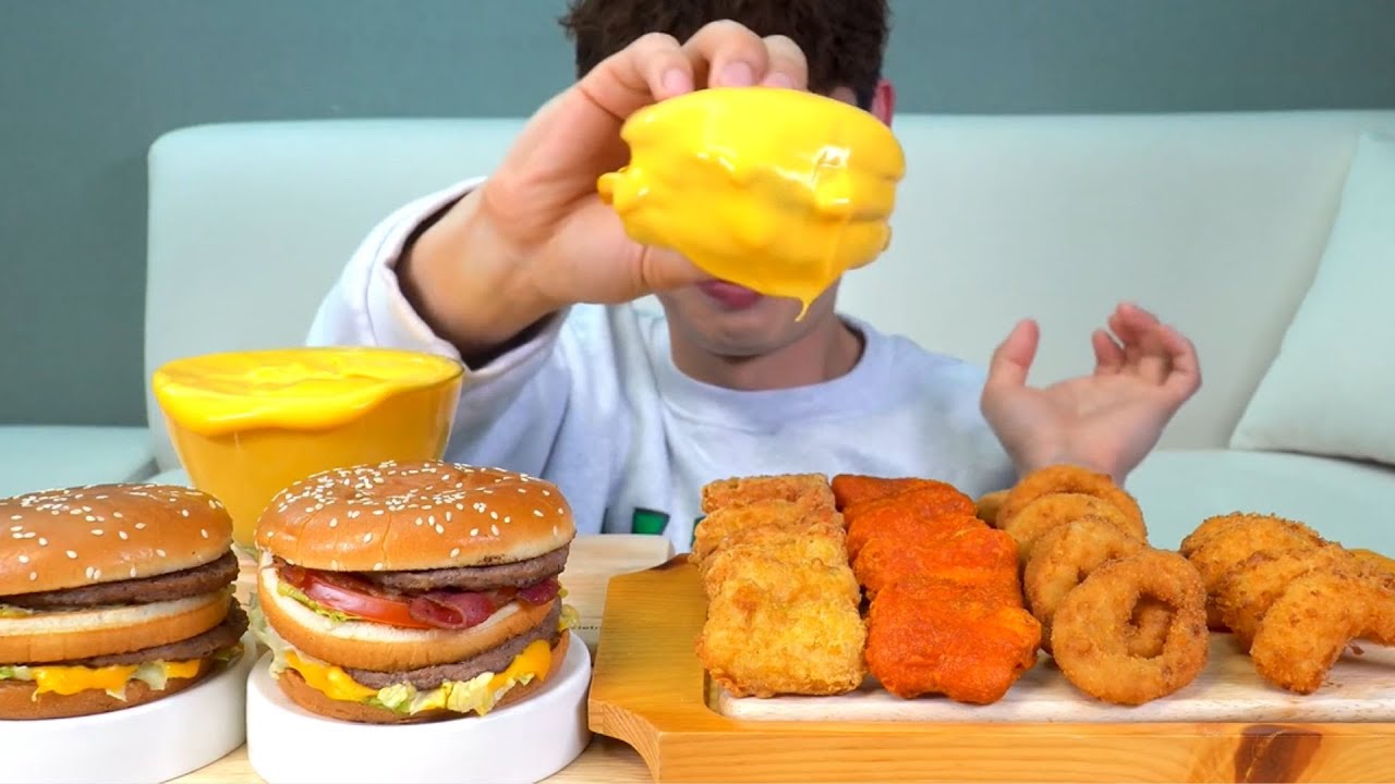 ASMR MUKBANG McDonald's Big Mac, Onion Rings, Nuggets & CHEDDAR SAUCE ...