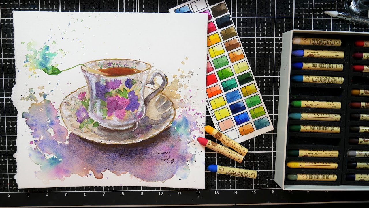 Sassy Splashy Teacup (Watercolor with oil pastel accents Sketchbook ...
