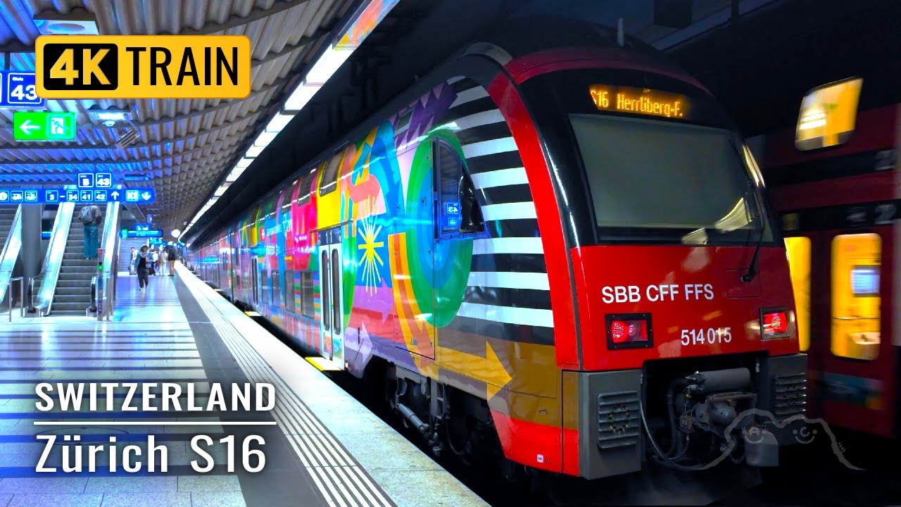 4K Zurich Train S16, Switzerland．TRAIN SOUND with station sound and announcements．Meditation ...
