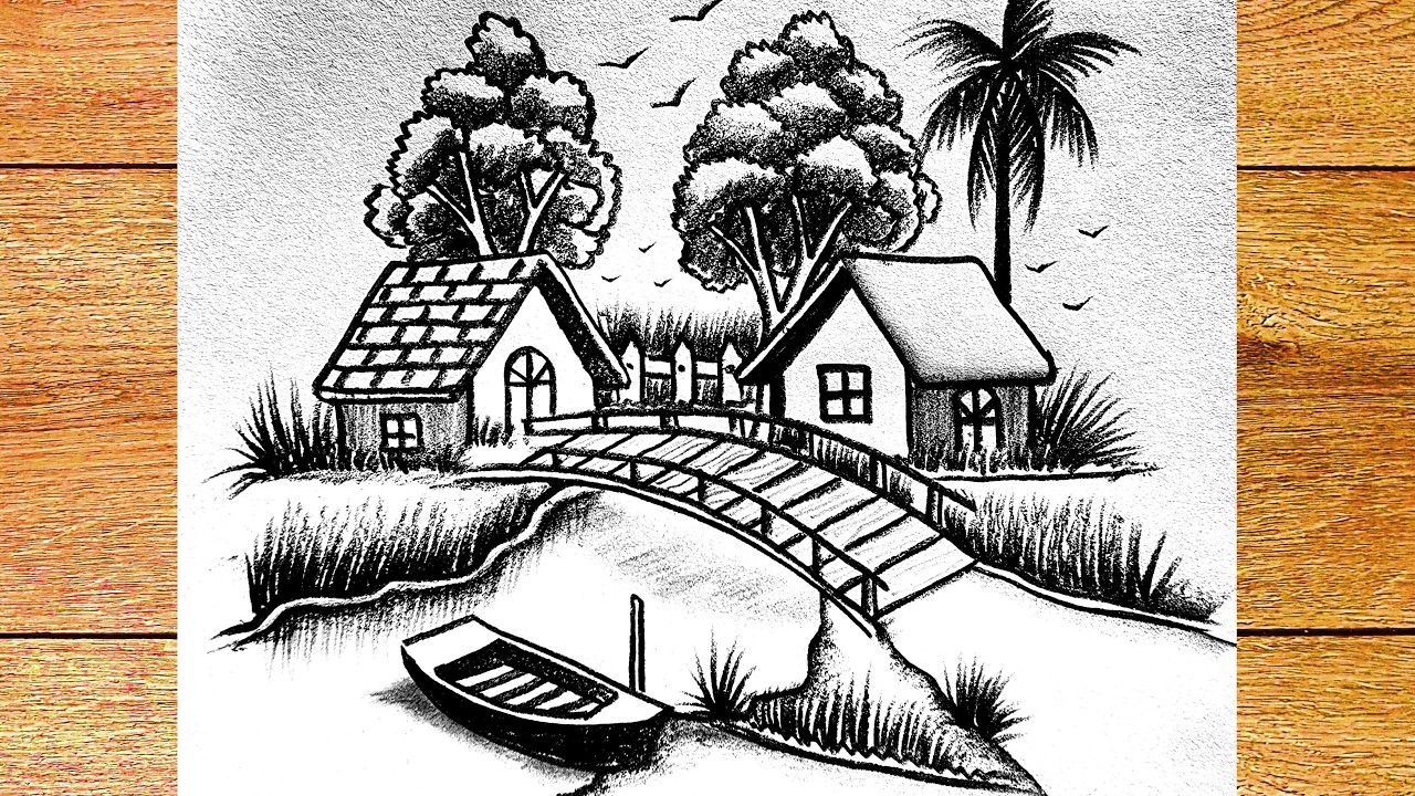 How to drawing lake bridge landscape - YouTube