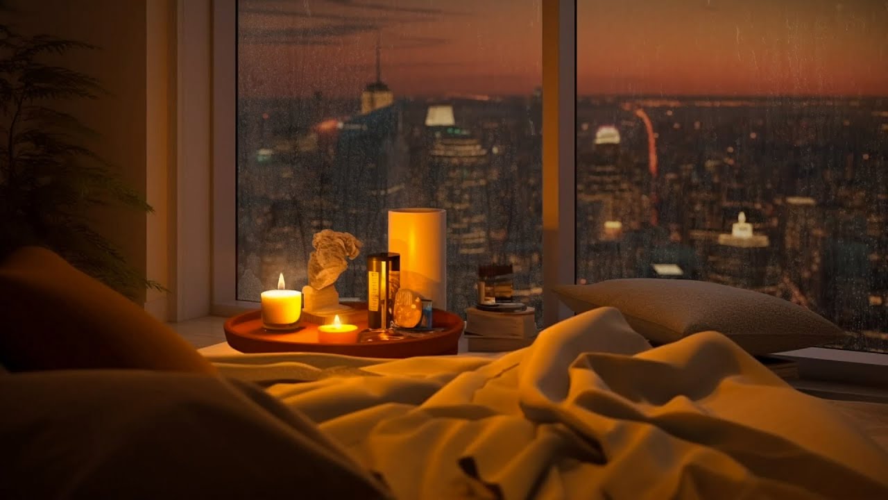 Los Angeles City Views Night in Cozy Apartment with Smooth Piano Jazz ...