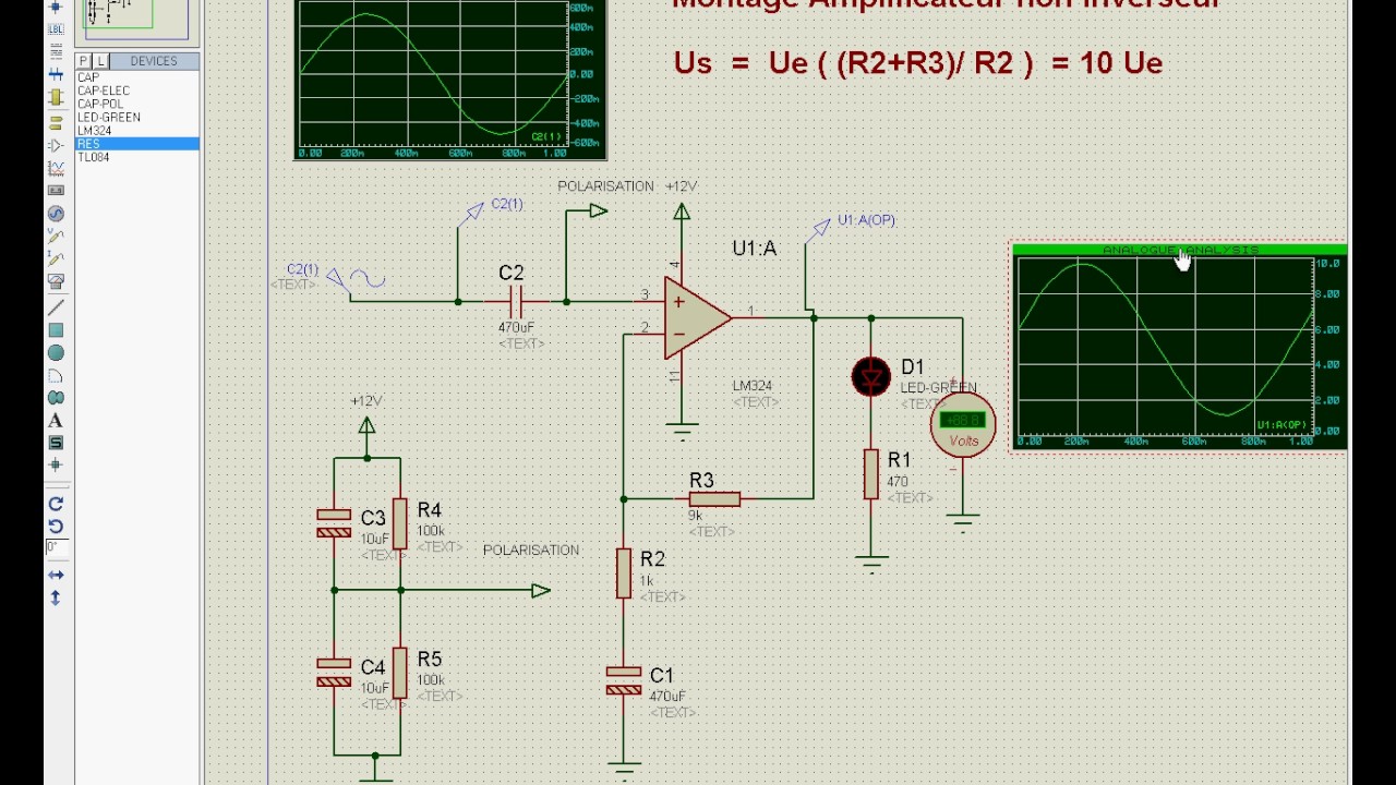 montage amplificateur non inverseur mono tension LM324 - YouTube