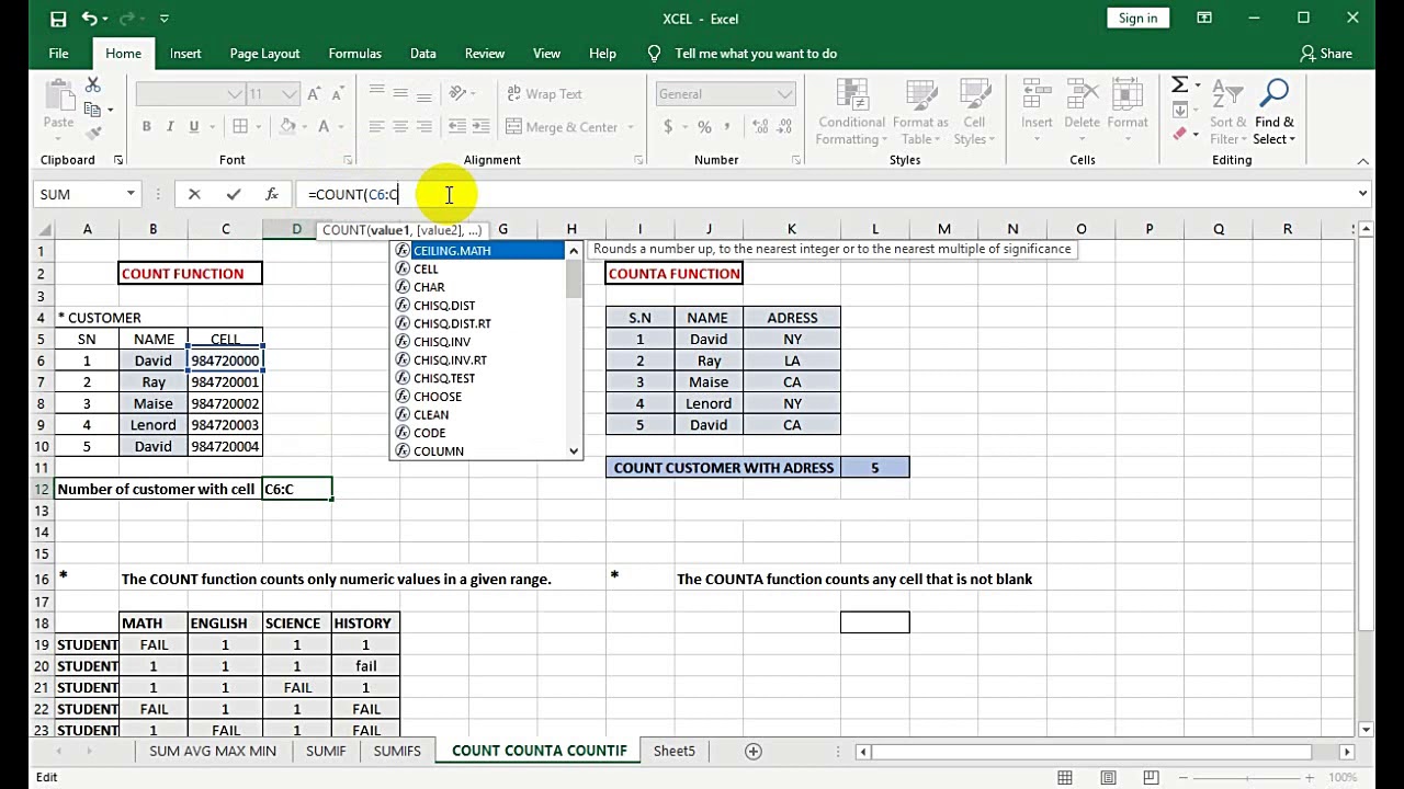 Count Function Ms Excel Youtube 8990