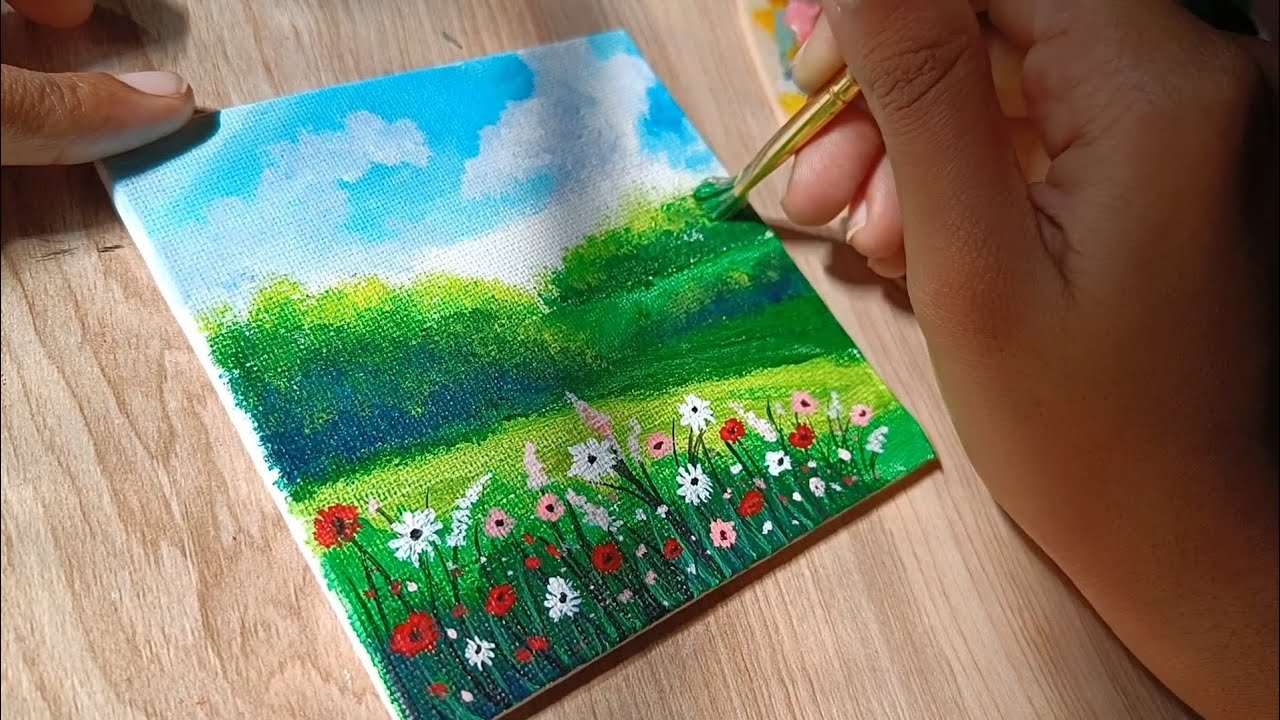Landscape Painting | Green meadows with flowers Painting |Acrylic ...