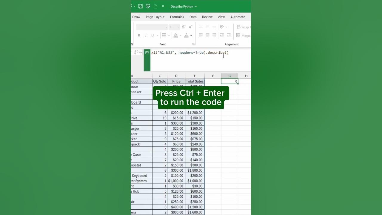 Quickly Describe Sales Data With Python In Excel Pythonexcel Excelshortstips Excelshortsvideo