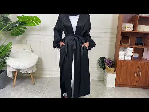 --urgarment.com--Muslim Women Printed Satin Open Cardigan Abaya Dress With Feather Puff Sleeve
