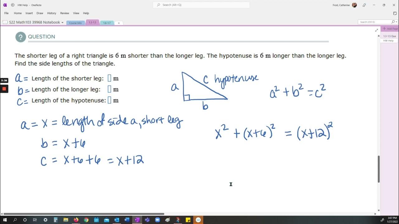 Using the Pythagorean Theorem and a quadratic equation to find side lengths of a right triangle1 ...