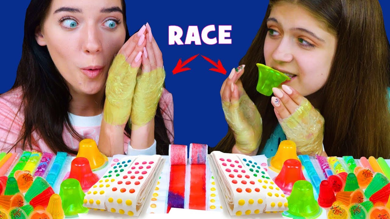 ASMR CANDY RACE WITH STICKY TAPE ON HAND (CANDY BUTTONS, WAX STICKS ...