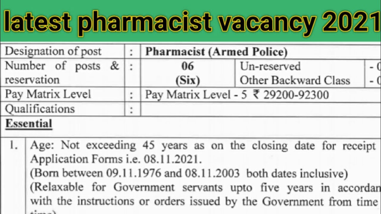 Latest Pharmacist Vacancy 2021 || central govt pharmacist recruitment ...