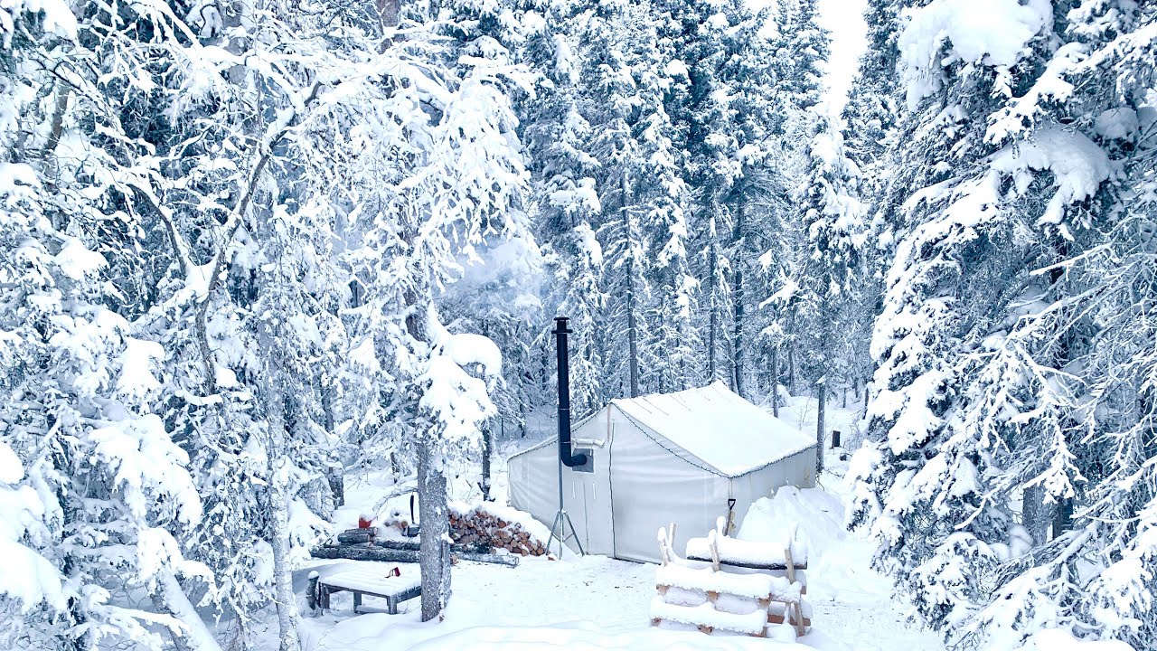 -30 WINTER CAMPING *VERY CLOSE CALL WITH TREE FALLING on HOT TENT ...