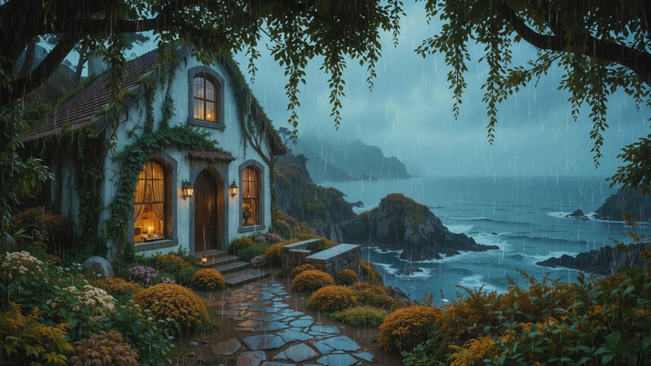 Cozy Stone Cottage on Misty Coast 🌧️🌊 Celtic Medieval Music & Heavy ...