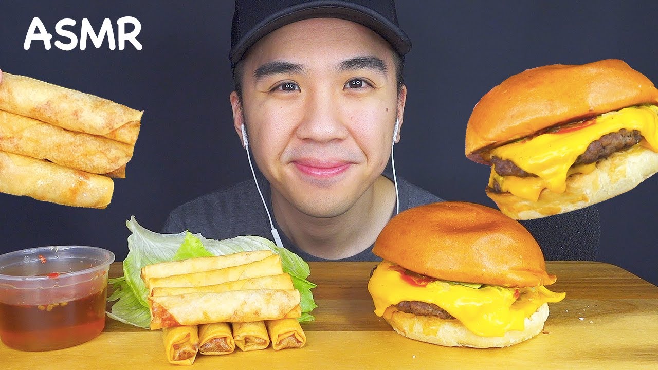 EXTRA CHEESY CHEESEBURGER & CRISPY SPRING ROLLS ASMR MUKBANG (Collab w ...