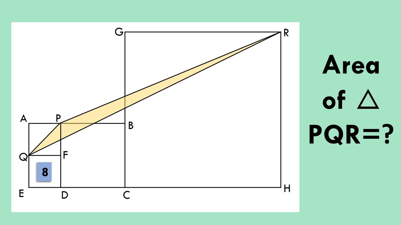 A triangle PQR is placed amid squares; find the area of the yellow ...