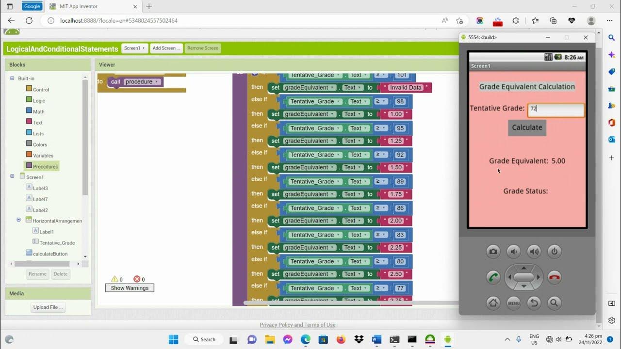 MIT APP Inventor Logical / Conditional Statements (Calculating Grade Equivalent) - YouTube