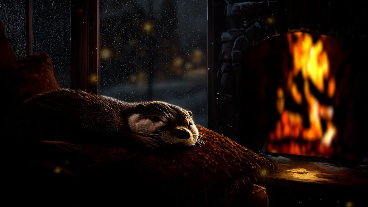 Otter Sleeping Peacefully by the Fire with Rainfall Outside the Window ...
