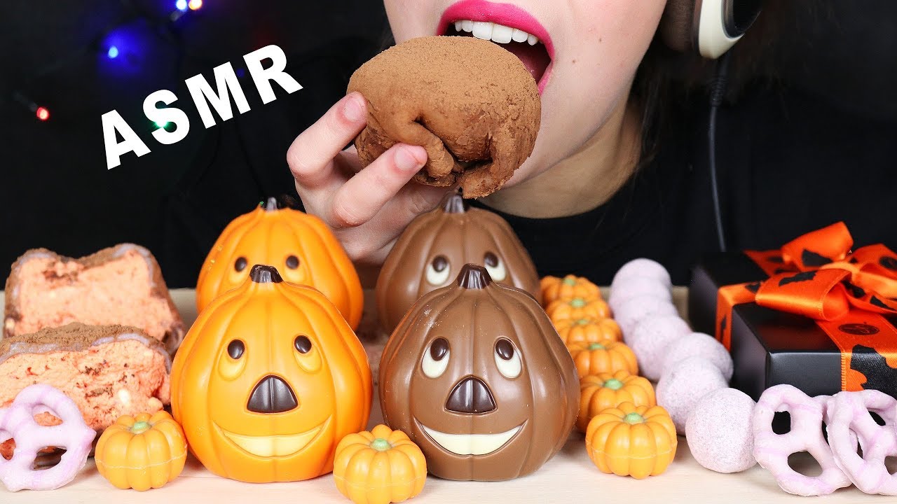 ASMR PUMPKIN CHOCOLATE CANDY, MOCHI & UNICORN PRETZELS (EATING SOUNDS ...