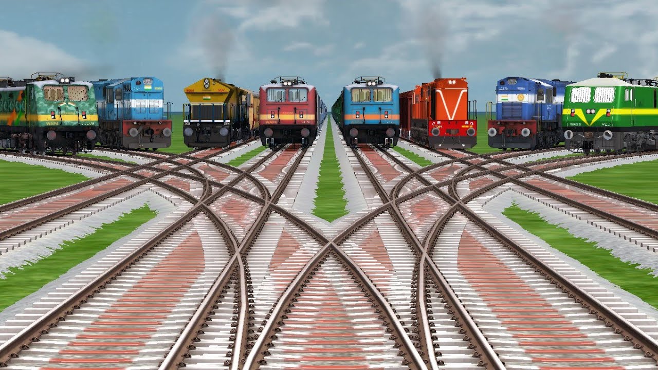 HIGH SPEED TRAINS CROSSING ON BUMPY BRANCHED DIAMOND RAILROAD TRACKS ...