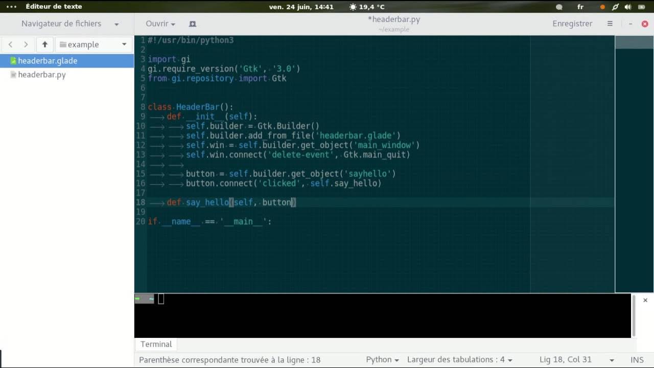 Example of GtkHeaderBar application using glade 3.20 and python - YouTube