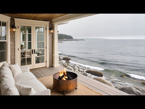 Summer Mist Over Ocean Waves | Peaceful New England Coastal Porch Firepit | Maine Seaside Ambience