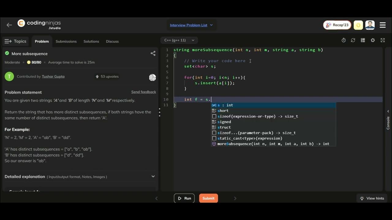 More Subsequence in two Strings #c++ #coding - YouTube