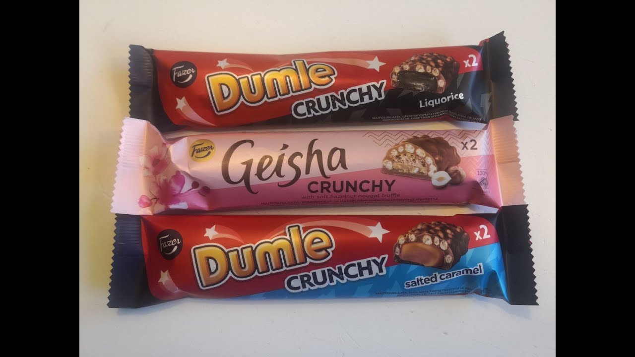 3 olika Fazer Choklad. Dumle Crunchy Liquorice, Dumle Crunchy Salted ...