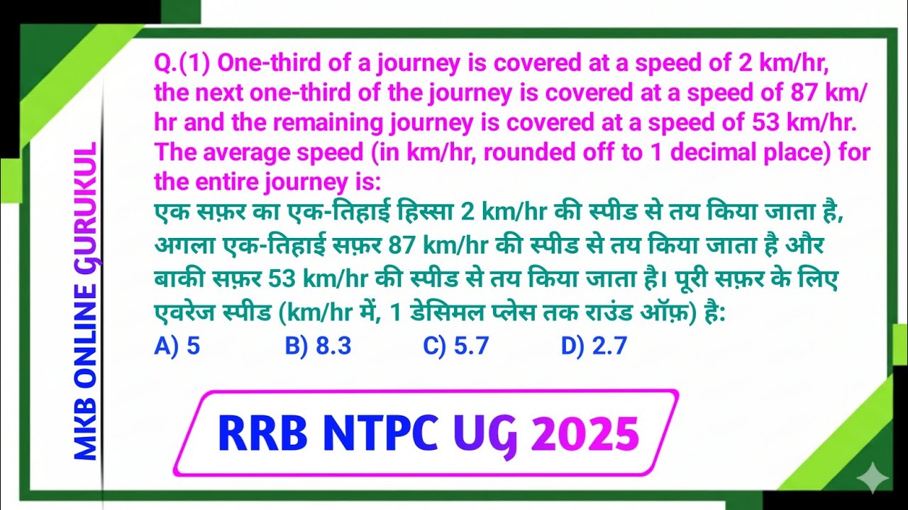 एक सफ़र का एक-तिहाई हिस्सा 2 km/hr की स्पीड से तय किया जाता है, अगला एक ...