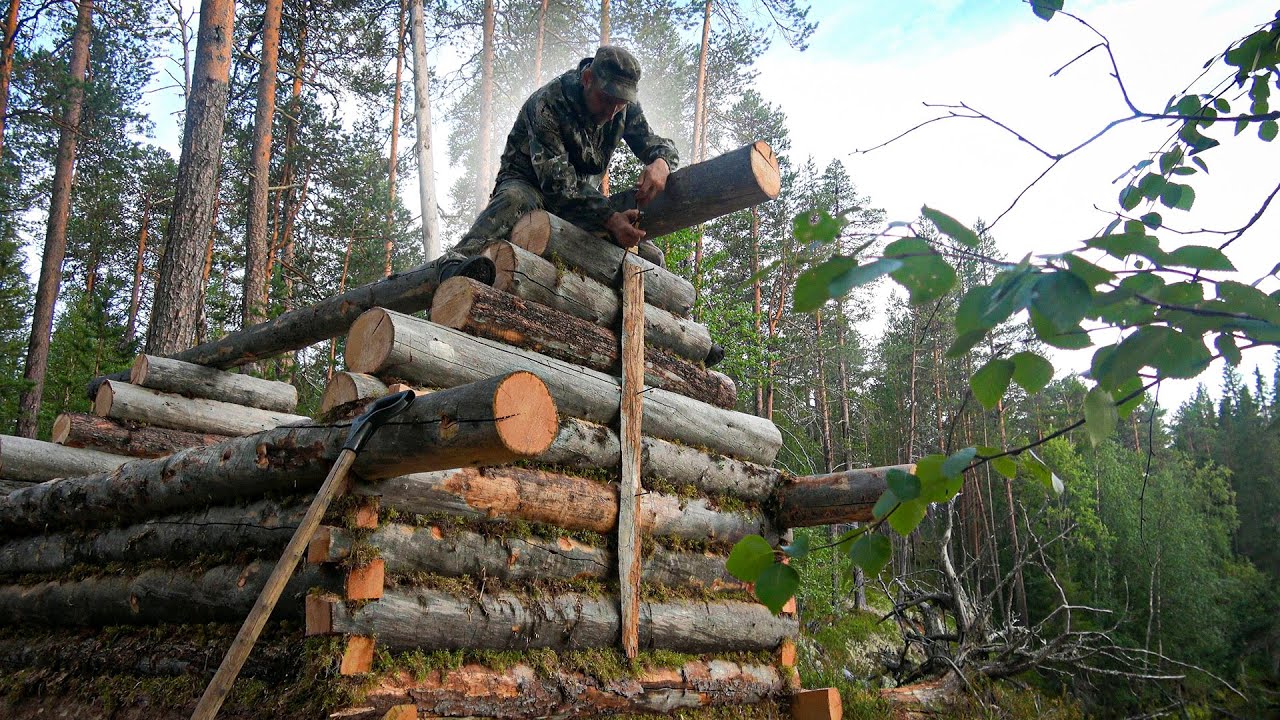 4 Days Alone In The Forest | Building Log Cabin - YouTube