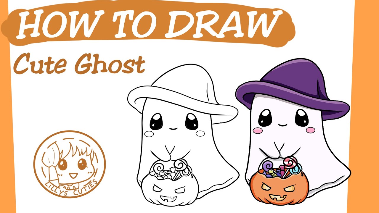 How to Draw! Cute Ghost | Drawing a cute ghost with treat bag step by ...