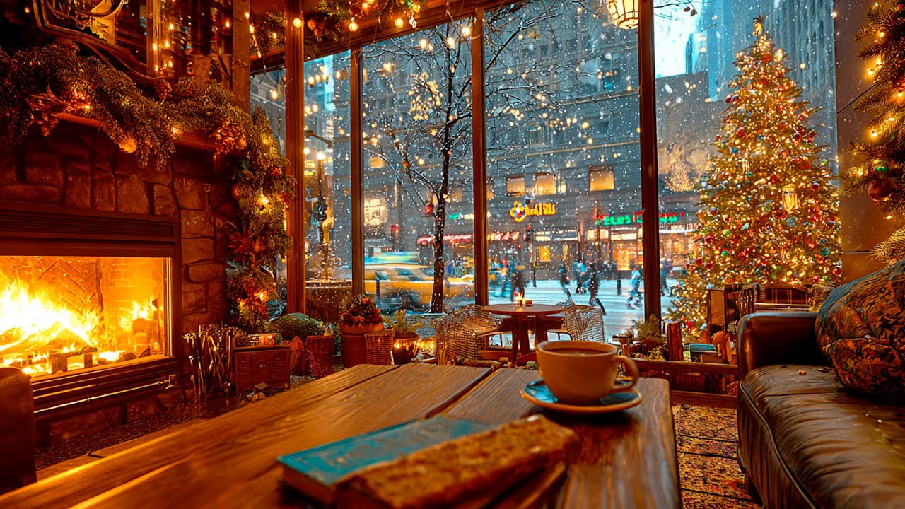 Christmas Morning Café Music🎄Snowy New York Window, Fireplace Glow and ...