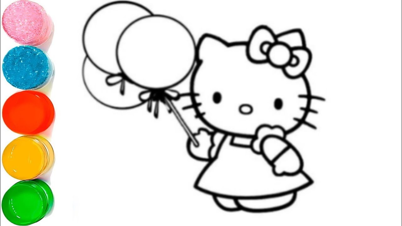 Hello, kitty holding balloons drawing painting and colouring for kids ...