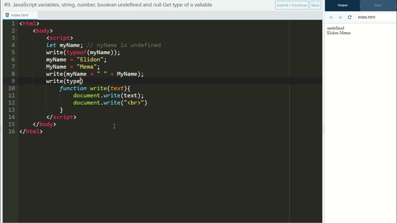 49 Javascript Variables String Number Boolean Undefined And Null Get Type Of A Variable Youtube