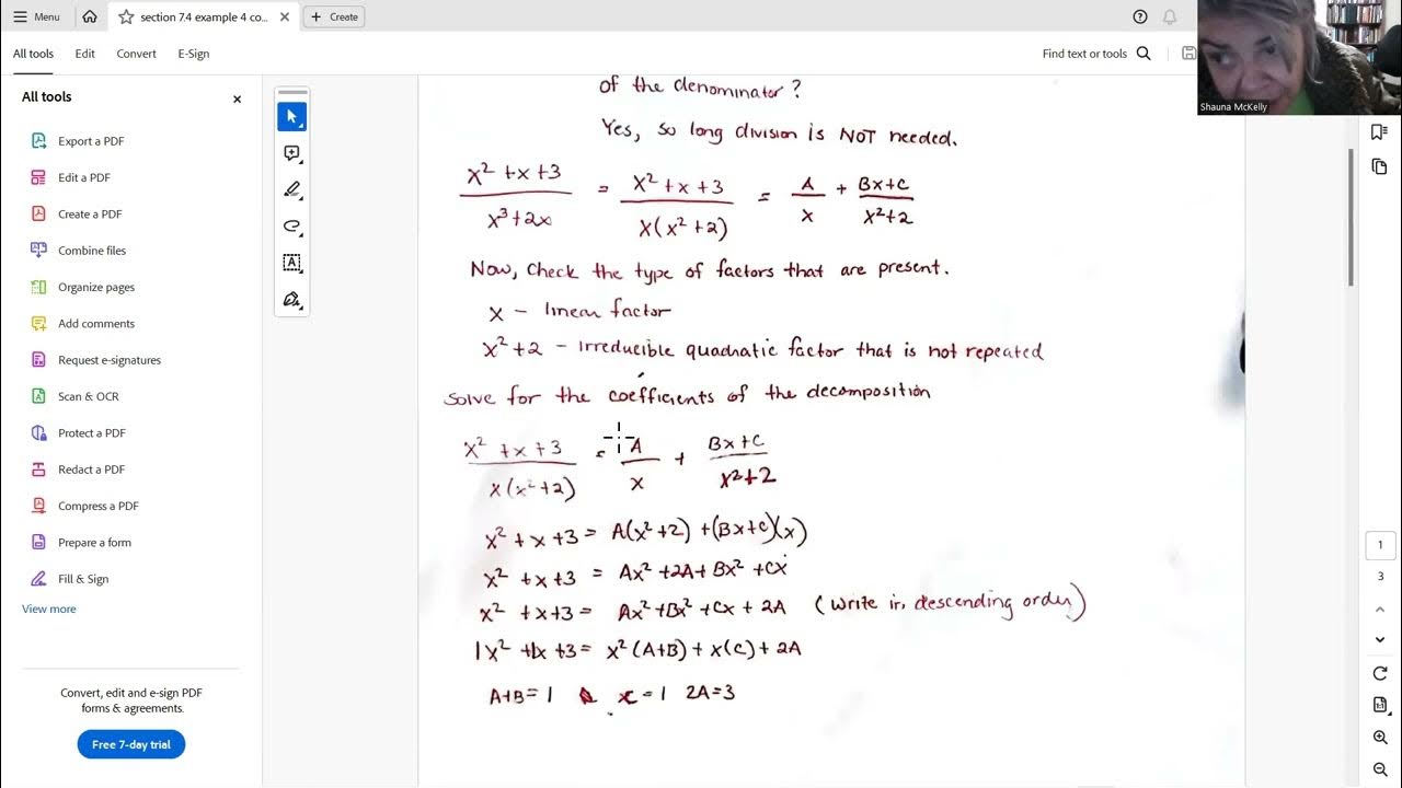 Section 7 4 Example 4 one linear factor, one irreducible quadratic factor - YouTube