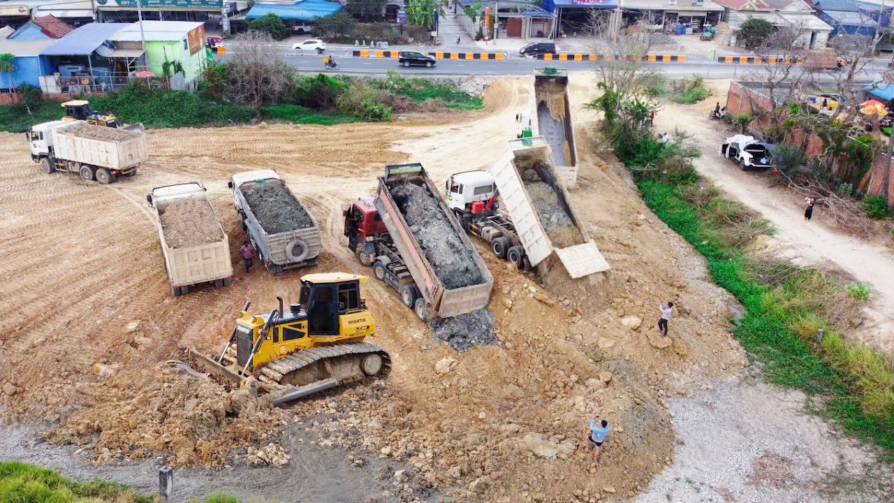 Part 06 Land Filling up Processing Dump trucks with Dozer SHANTUI push ...