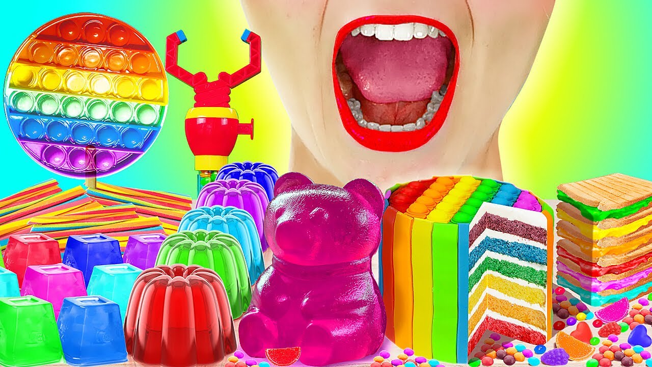 COOL RAINBOW FOOD CHALLENGE || Most Popular Food! Color Jelly Cake ...