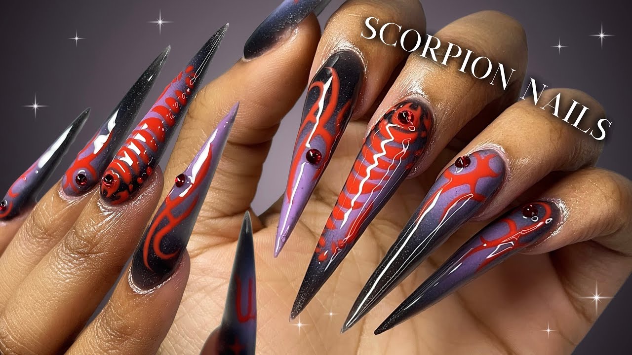 Scorpion Polygel Nails🦂 ️‍🔥🔮 Long Stiletto nails + Aura nail art ...