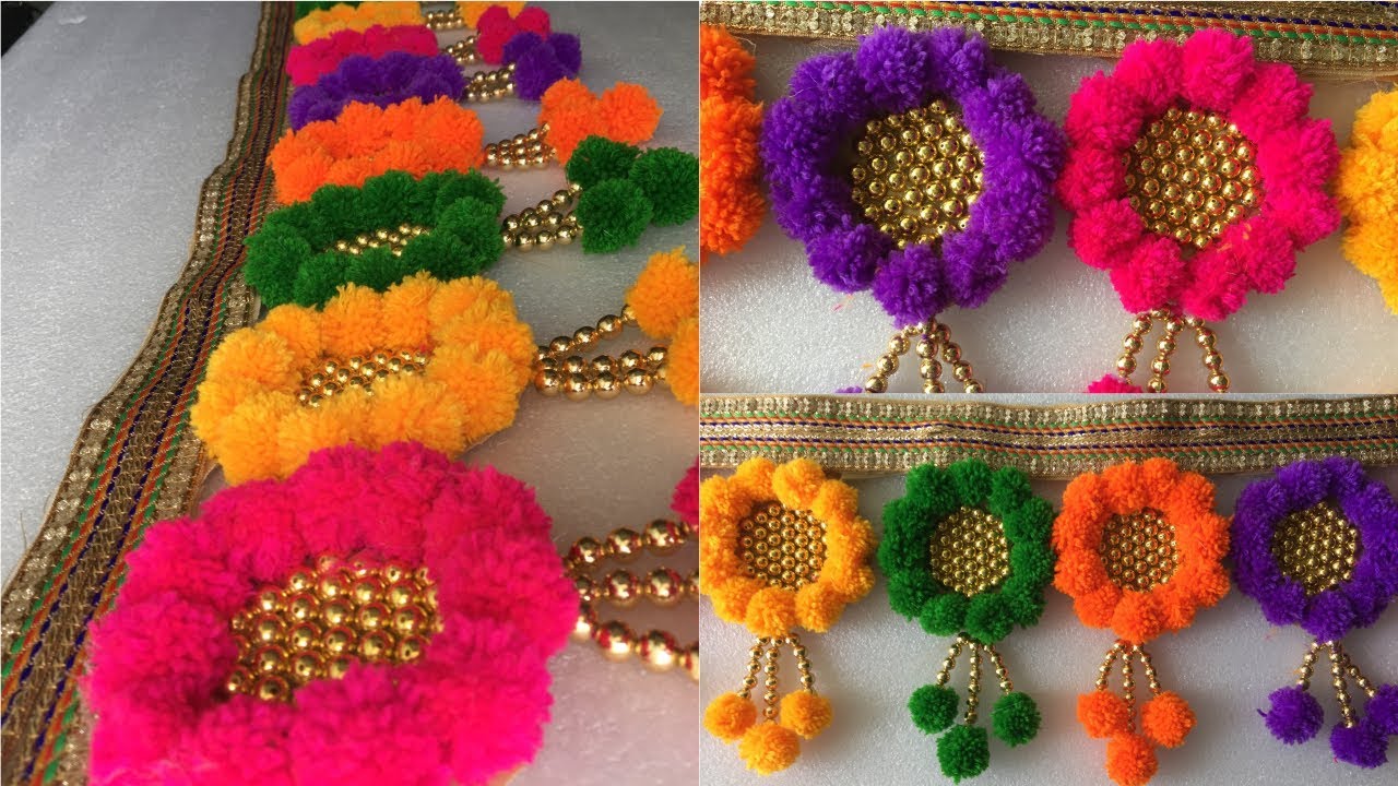 Woollen Craft Idea | Multi-Colour Door Toran Making With Pom Poms ...