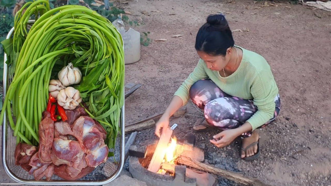 Stir-Fried Chicken Organs with Morning Glory | Cambodian Village ...