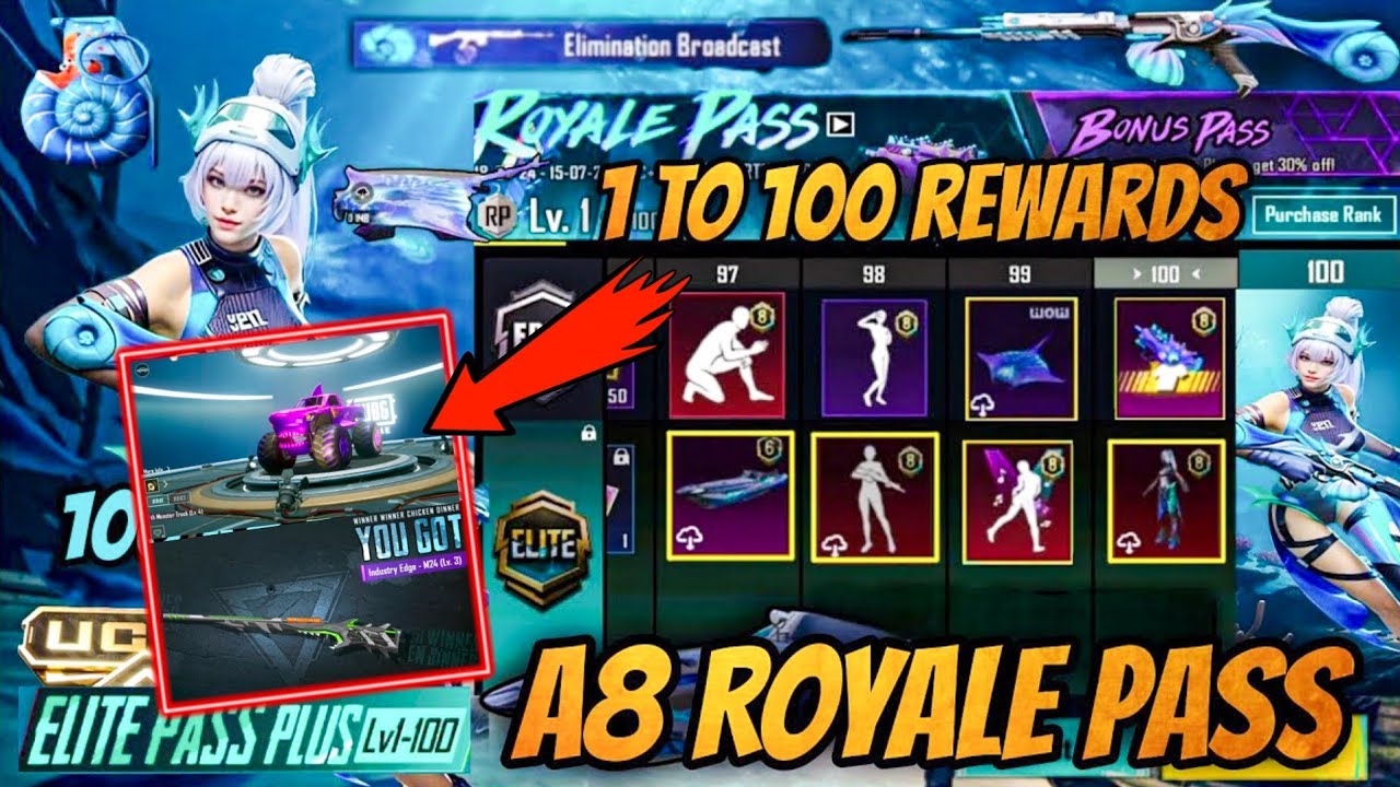 A8 Royal pass 1 to 100 rewards check out 😱 Monster truck & m24 gun skin ...