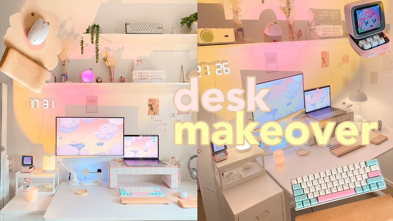desk setup makeover 🍧 standing desk, organisation, cable management ...