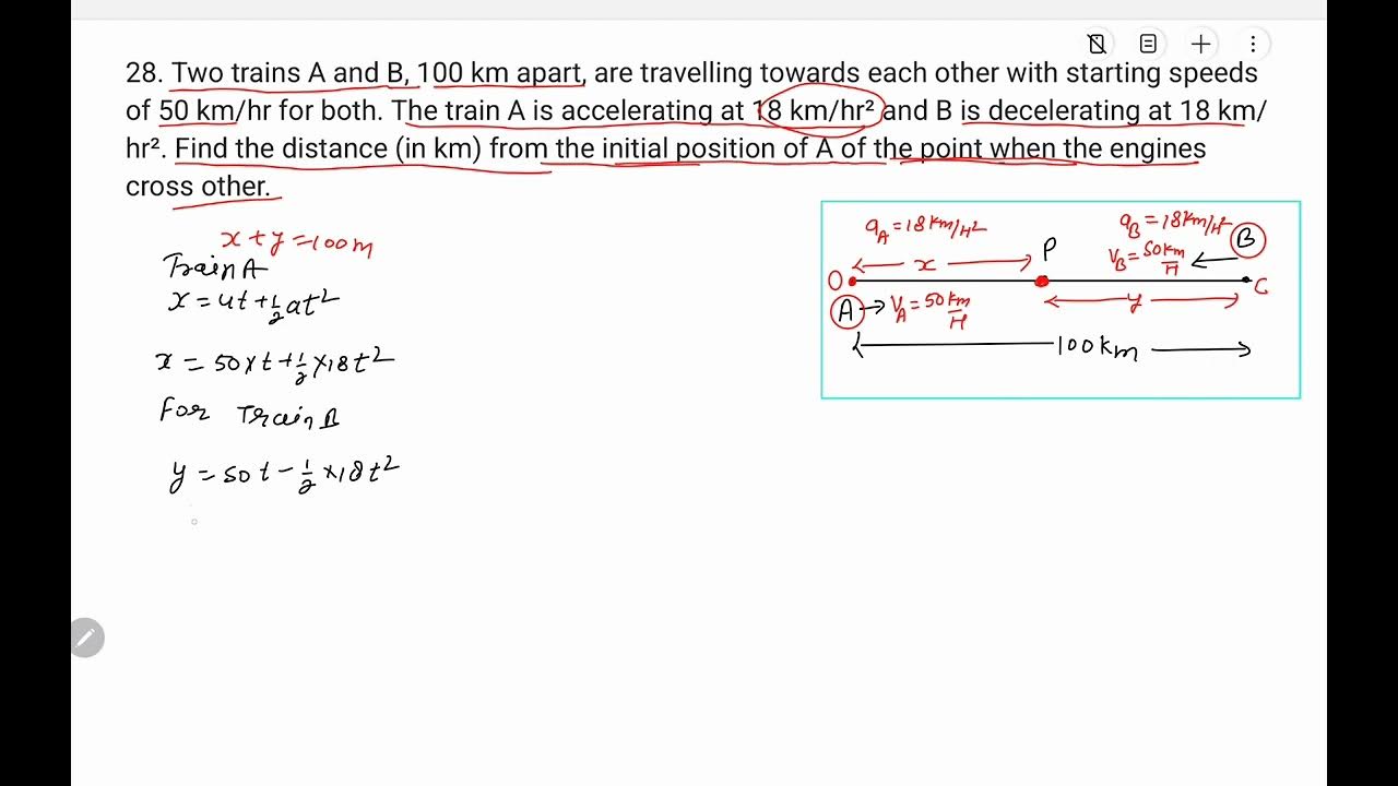 28. Two trains A and B, 100 km apart, are travelling towards each other with starting speeds of ...