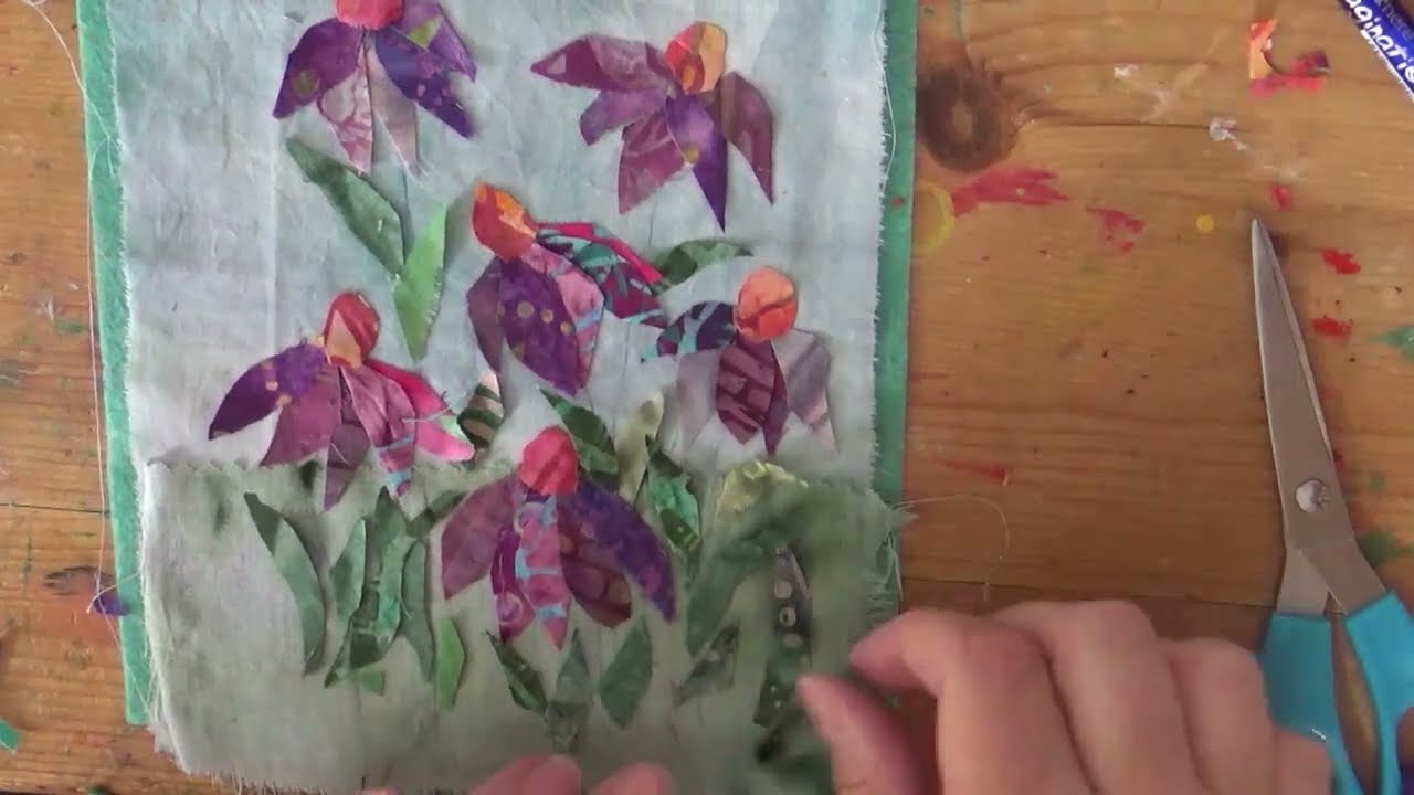 Scrap fabric collage flower - YouTube